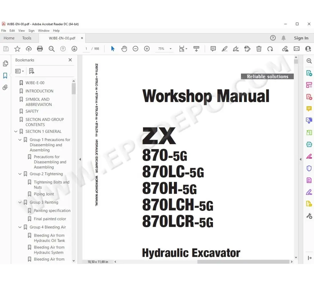 Hitachi Excavator ZX870-5G ZX870H-5G ZX870LCR-5G service manual
